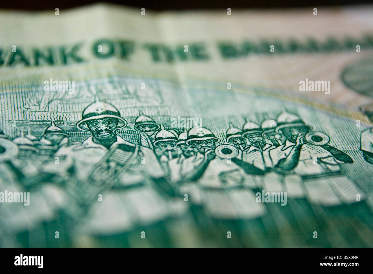 Detail of a one dollar banknote of the Central Bank of the Bahamas ...