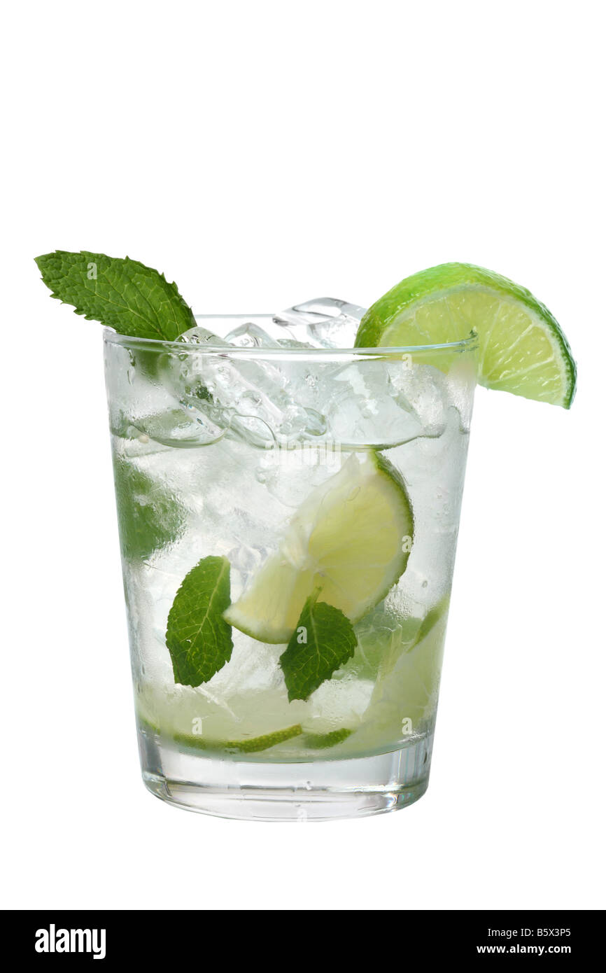 Mojito drink with limes and mint cutout isolated on white background ...