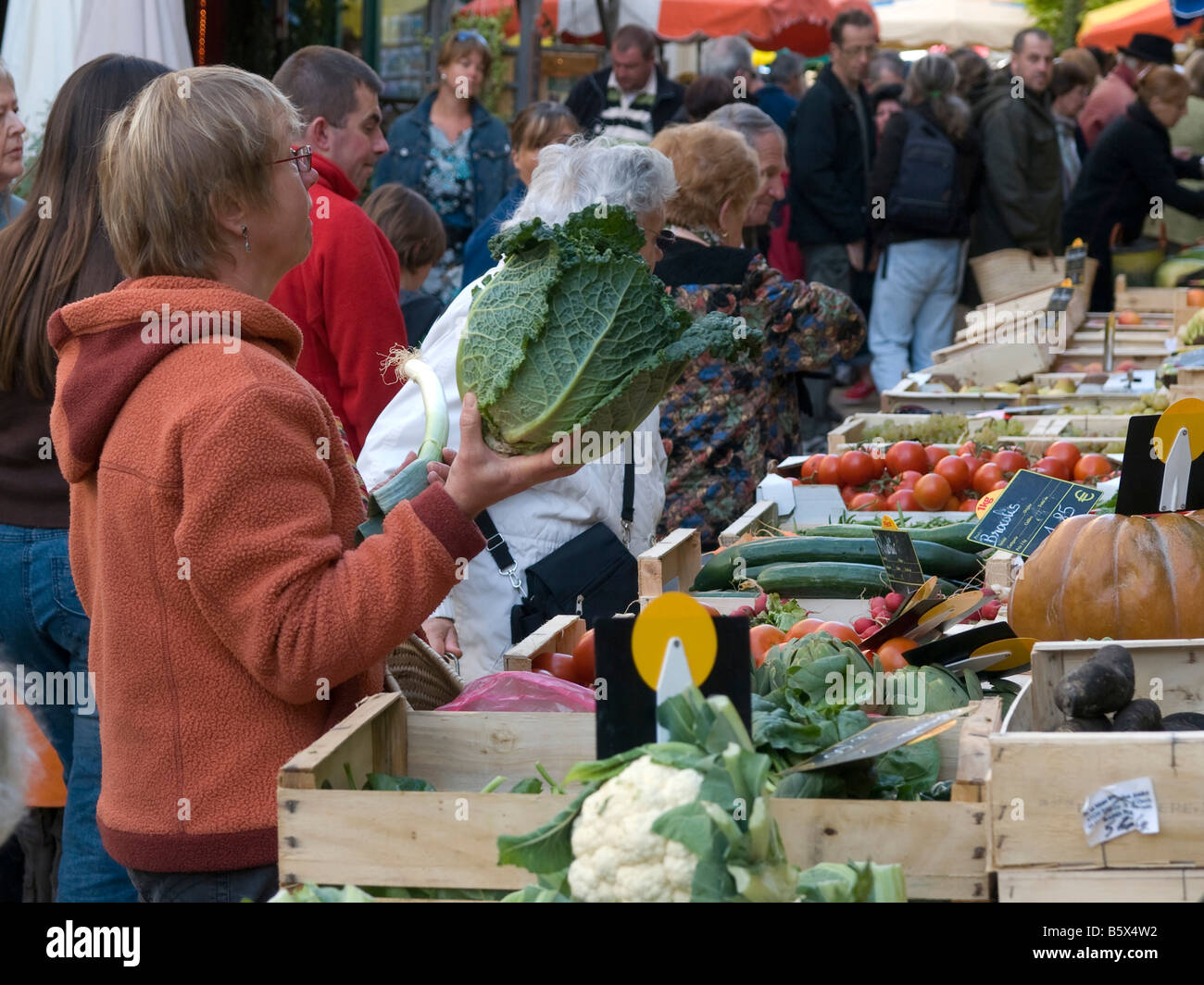 stall on market place woman buying cabbage vegetable tomatoes cucumbers ...
