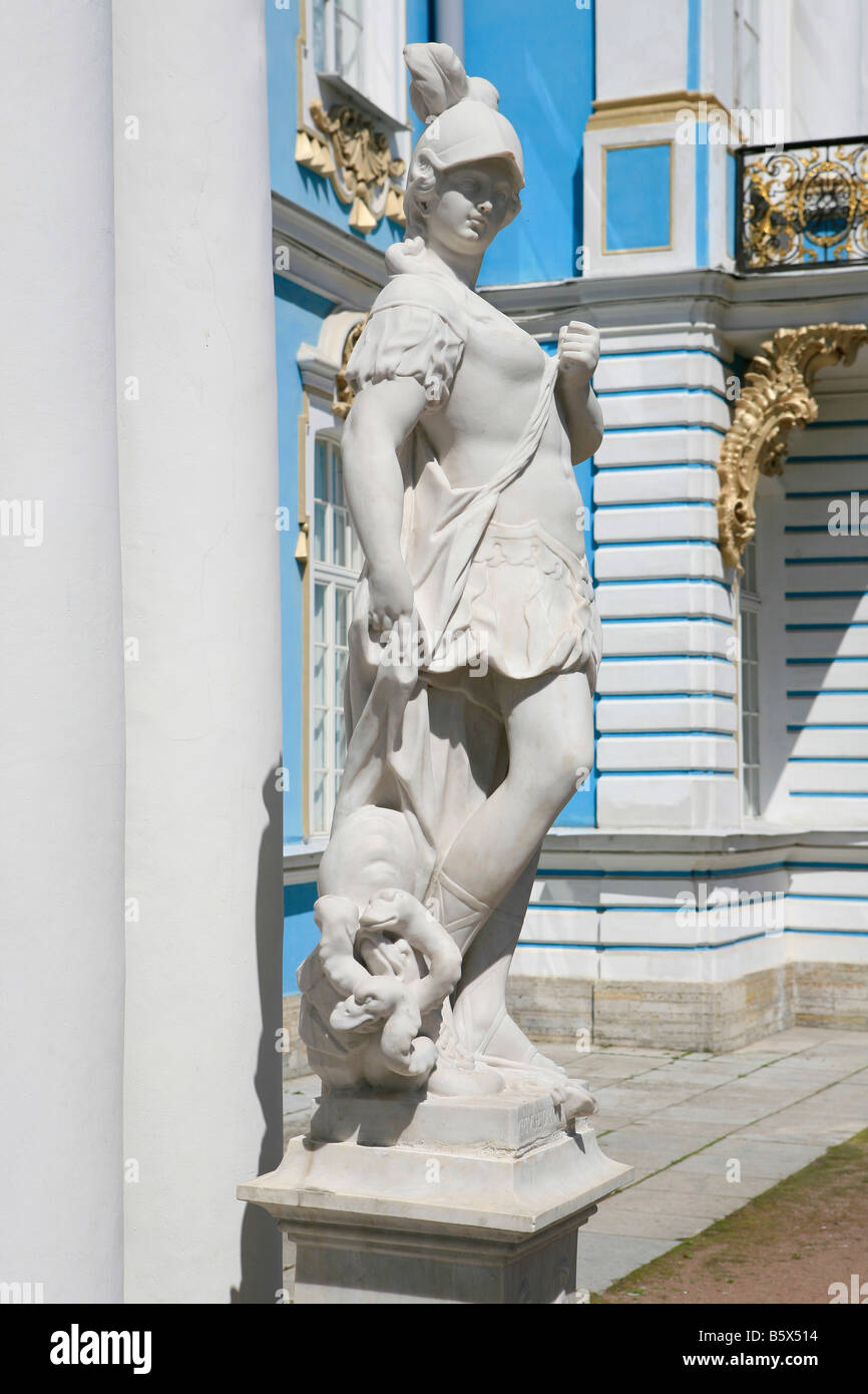 Statue at the main entrance of the 18th century Rococo Catherine Palace ...