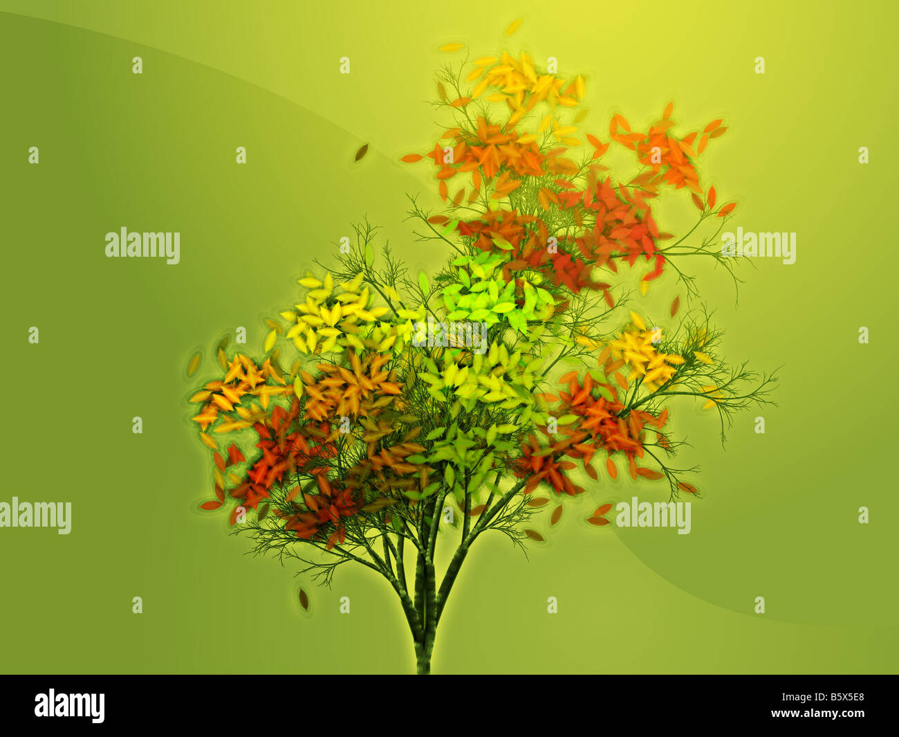 Autumn tree with falling leaves abstract rendered illustration Stock ...
