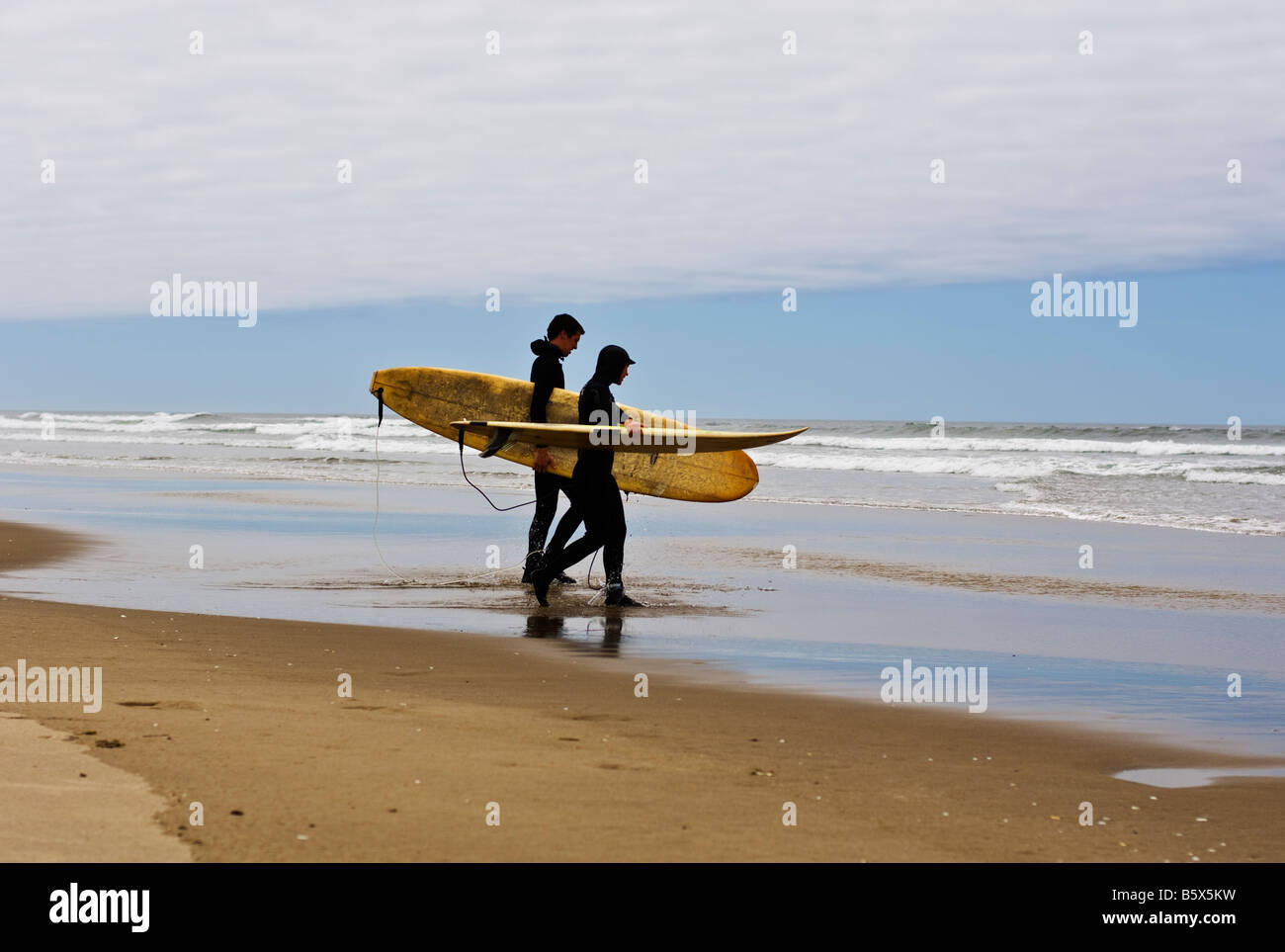 two surfers wading out into the water Stock Photo - Alamy