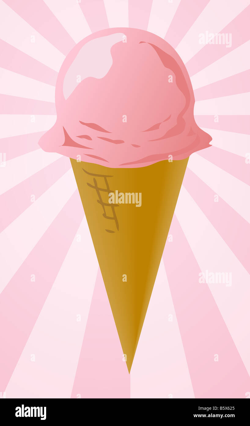 Ice cream cone illustration strawberry scoop on radial burst background ...