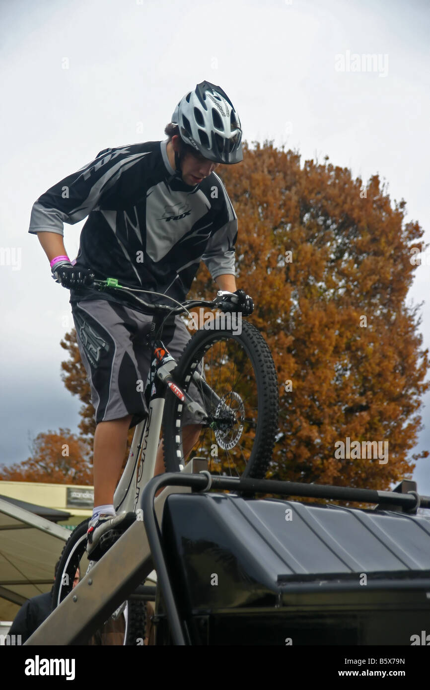 Trials bmx rider performs tricks at the 09 dirt bike show Stock Photo ...