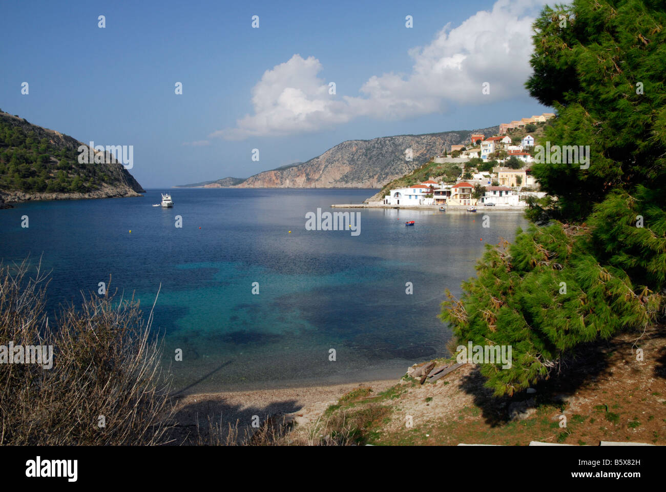 Beach and part of harbour at Assos, Kefallonia in the Greek Ionian ...