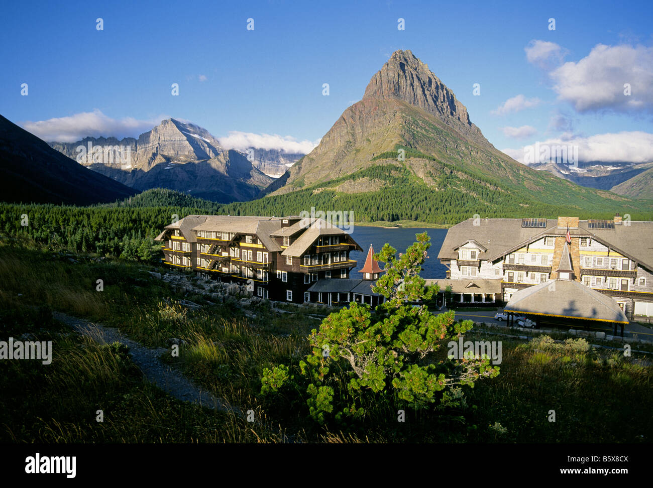 A view of Many Glacier Hotel in Swiftcurrent Valley on Swiftcurrent ...