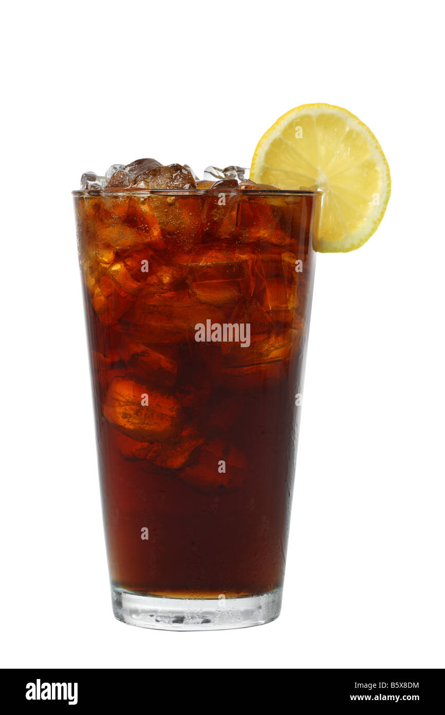 Glass of cola with ice and lemon cutout isolated on white background ...