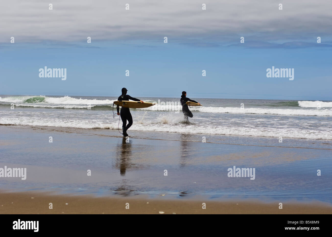 two surfers wading out into the water Stock Photo - Alamy
