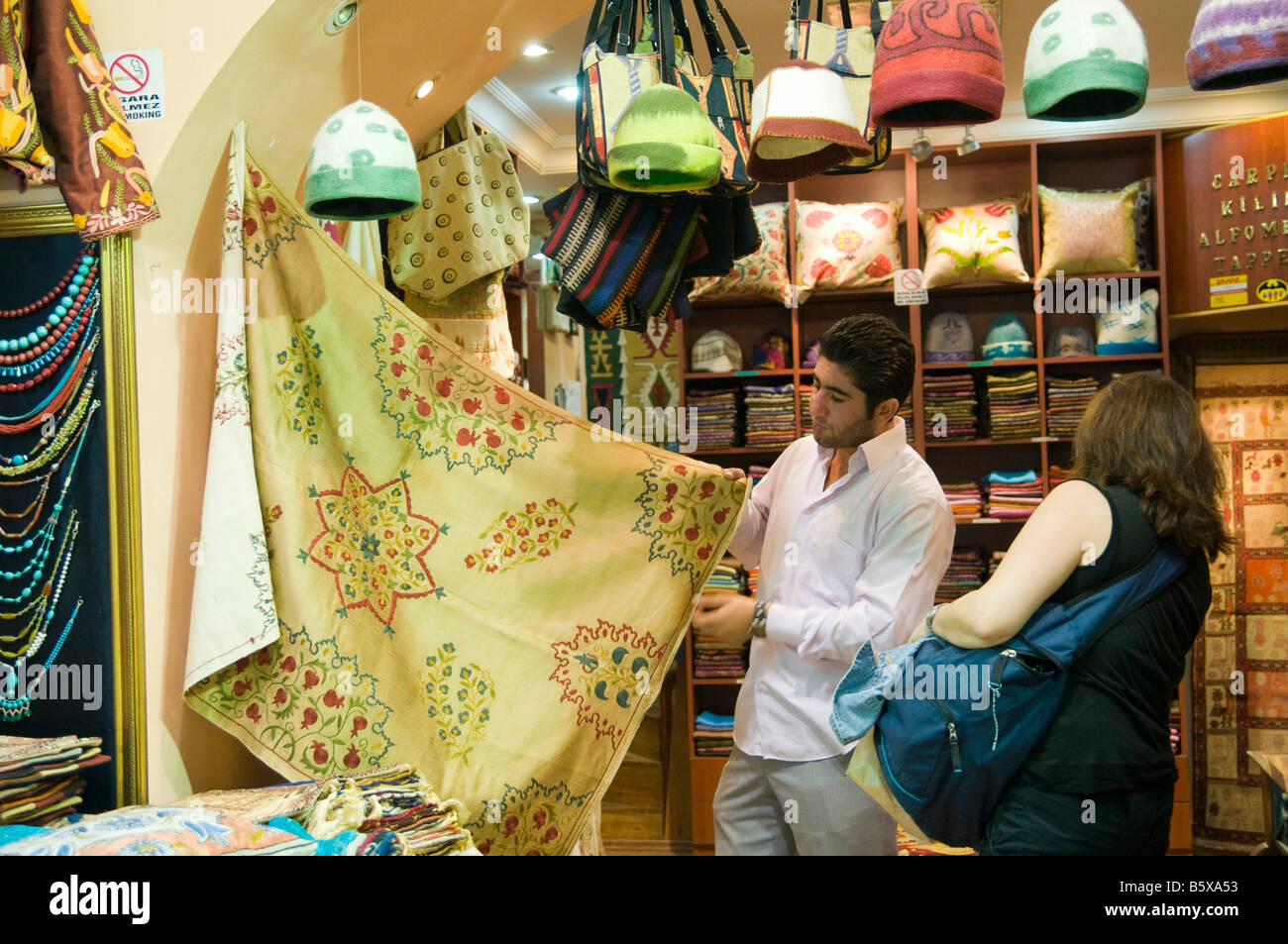 Turkey Istanbul The Spice Bazaar a linen stall Stock Photo - Alamy