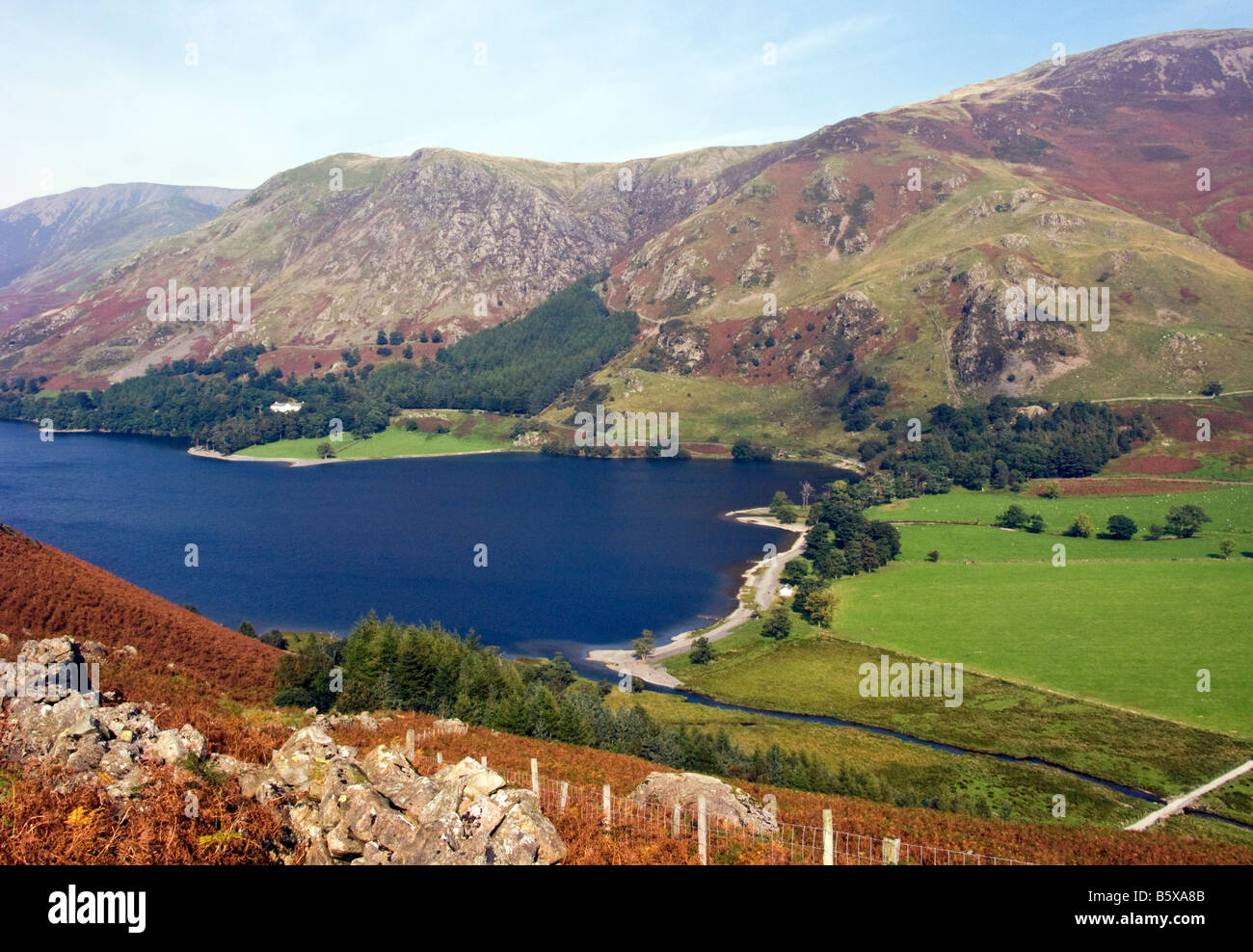 Buttermere and tree lined shore at Warnscale viewed from Scarth Gap ...