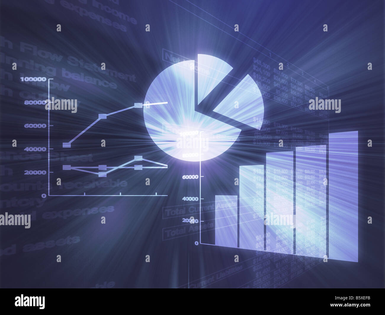 Illustration of Spreadsheet data and business charts in glowing ...