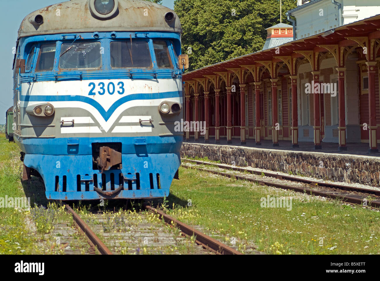 railway station with engine of an old russian railway train Haapsalu ...