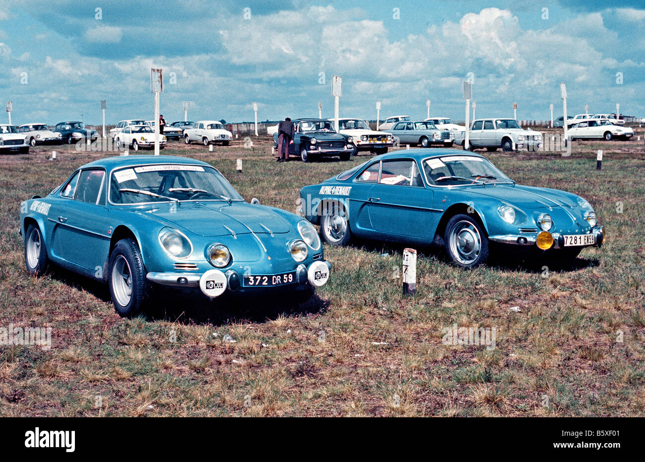 A pair Alpine Renault A110 French blue cars photographed at the Le Mans ...