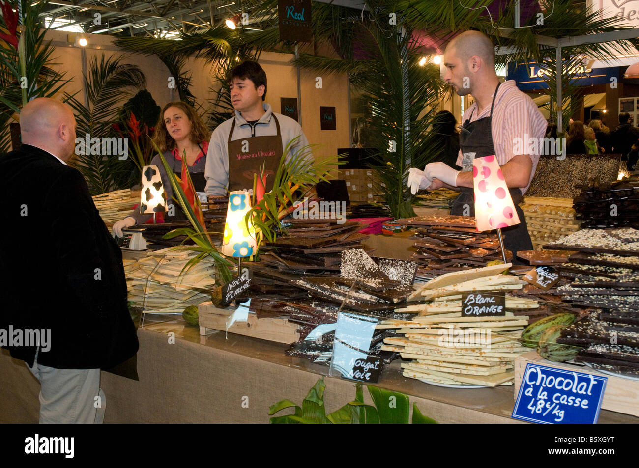 A stand full of slabs of chocolate at the Paris 'Salon du Chocolat 2008 ...