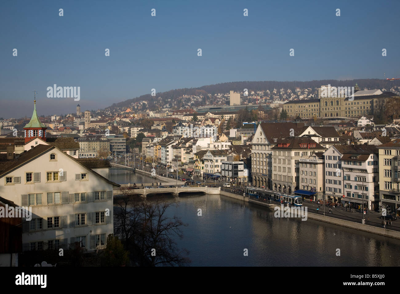 General view of Zurich from the hill above the River Limmat in ...