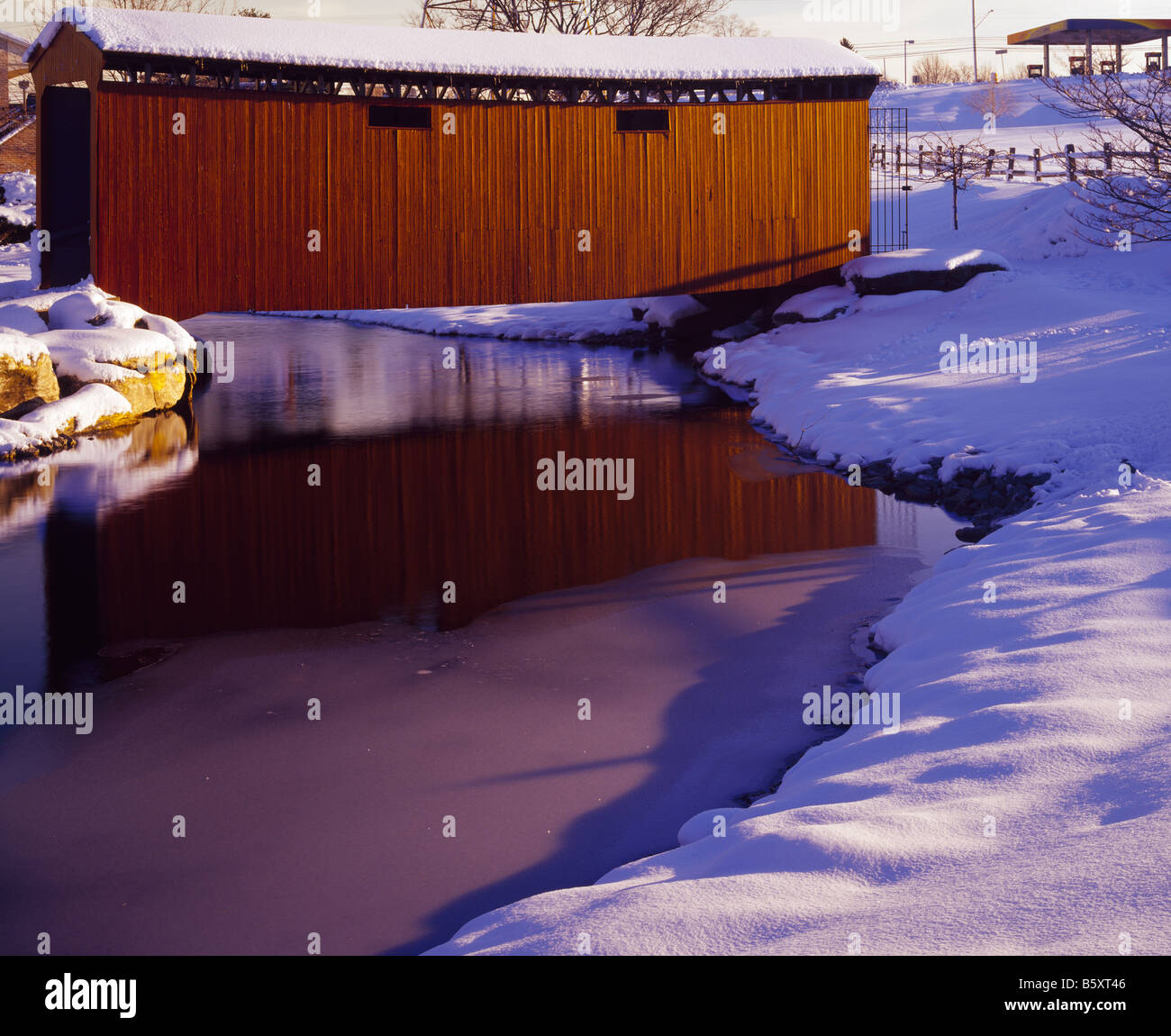 Covered Bridge and reflection in winter Lancaster Pennsylvania Amish ...