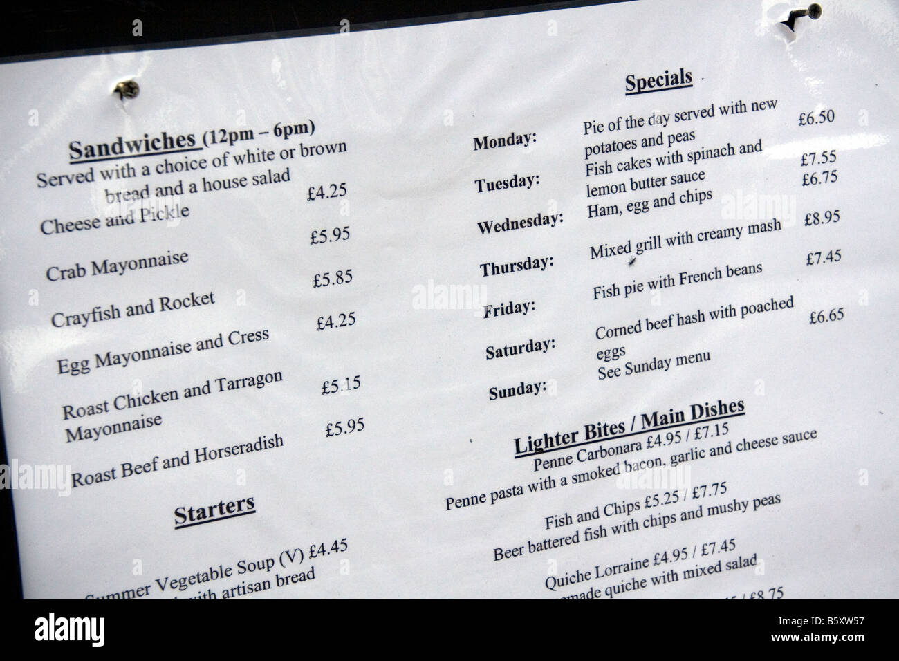 Restaurant menu with prices in pound sterling in the market town of ...