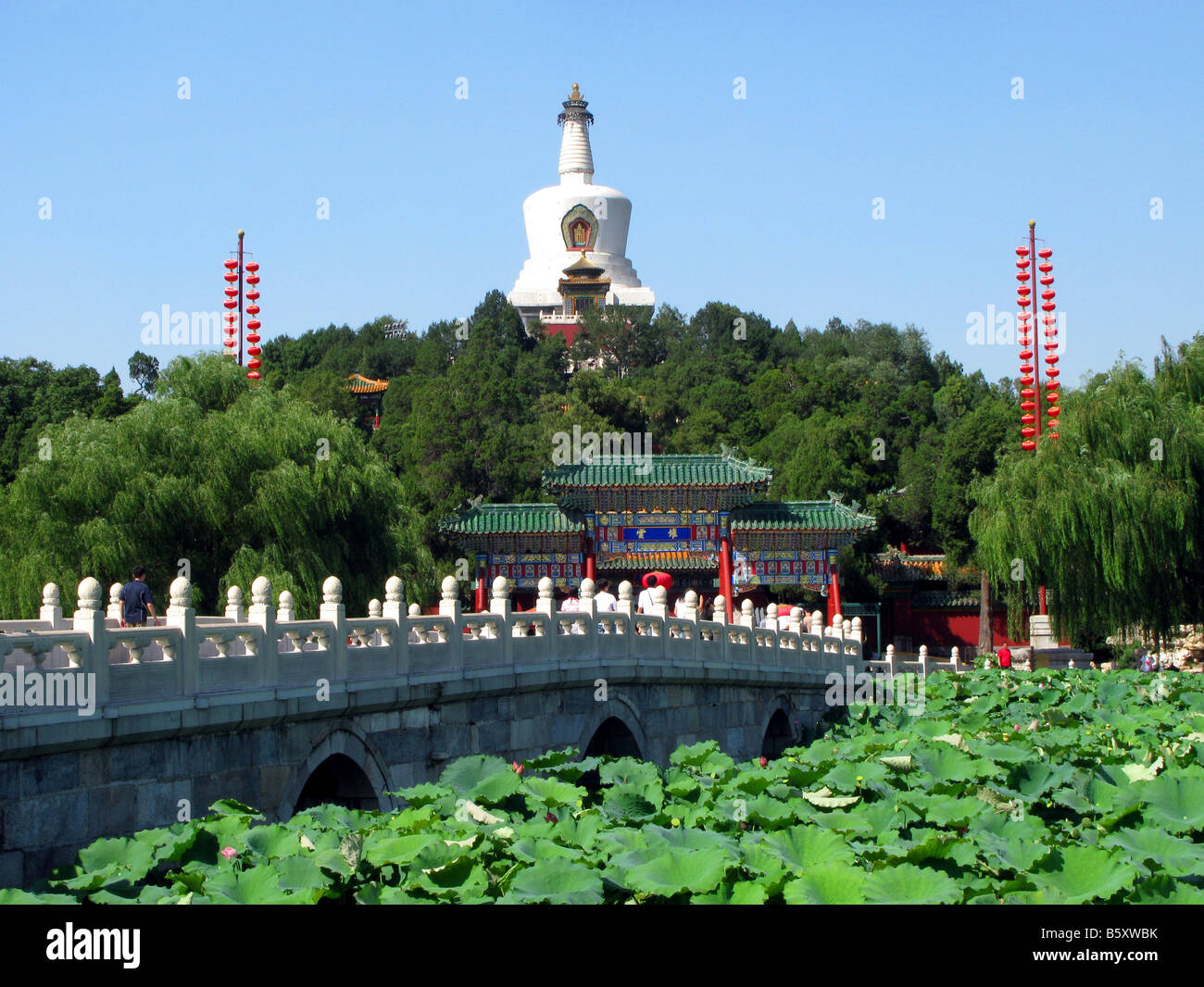 Bridge and entrance to the White Pagoda atop Jade Islet in the Beihai ...