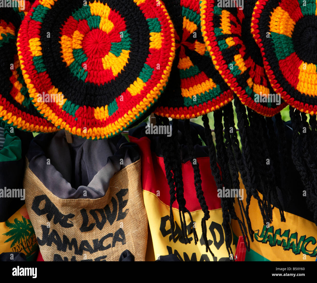 Souvenir rasta dreadlocks, hats and bags on sale to tourists in Jamaica ...