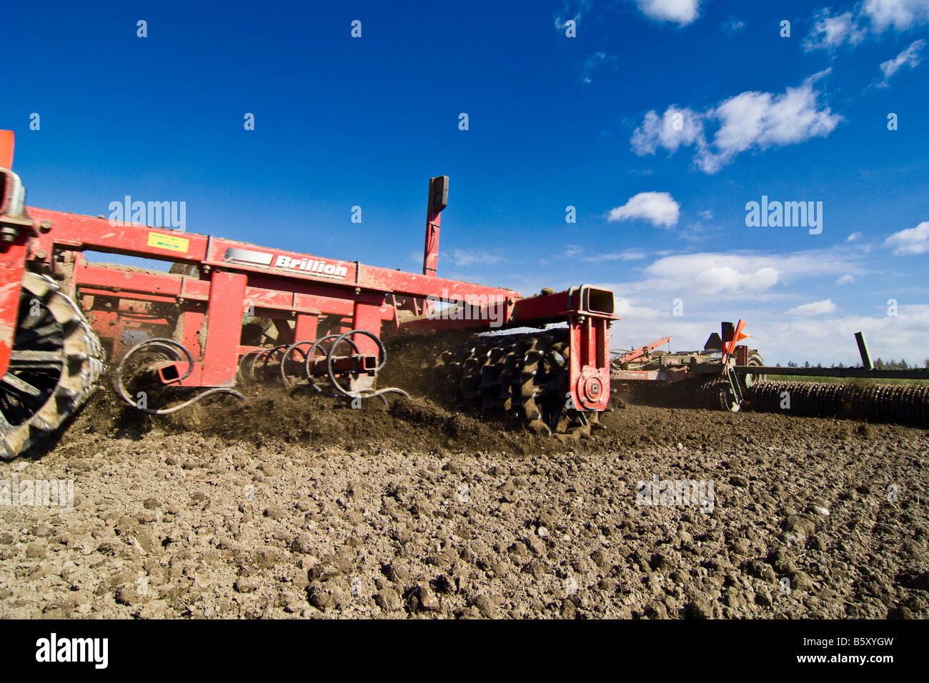 Tractor pulling a mulcher helps prepare a seedbed prior to planting in ...