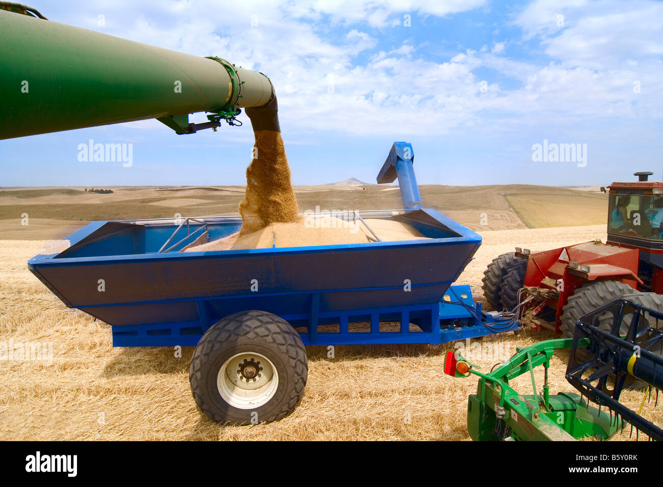 A combine offloads its wheat to a waiting grain cart during harvest in ...