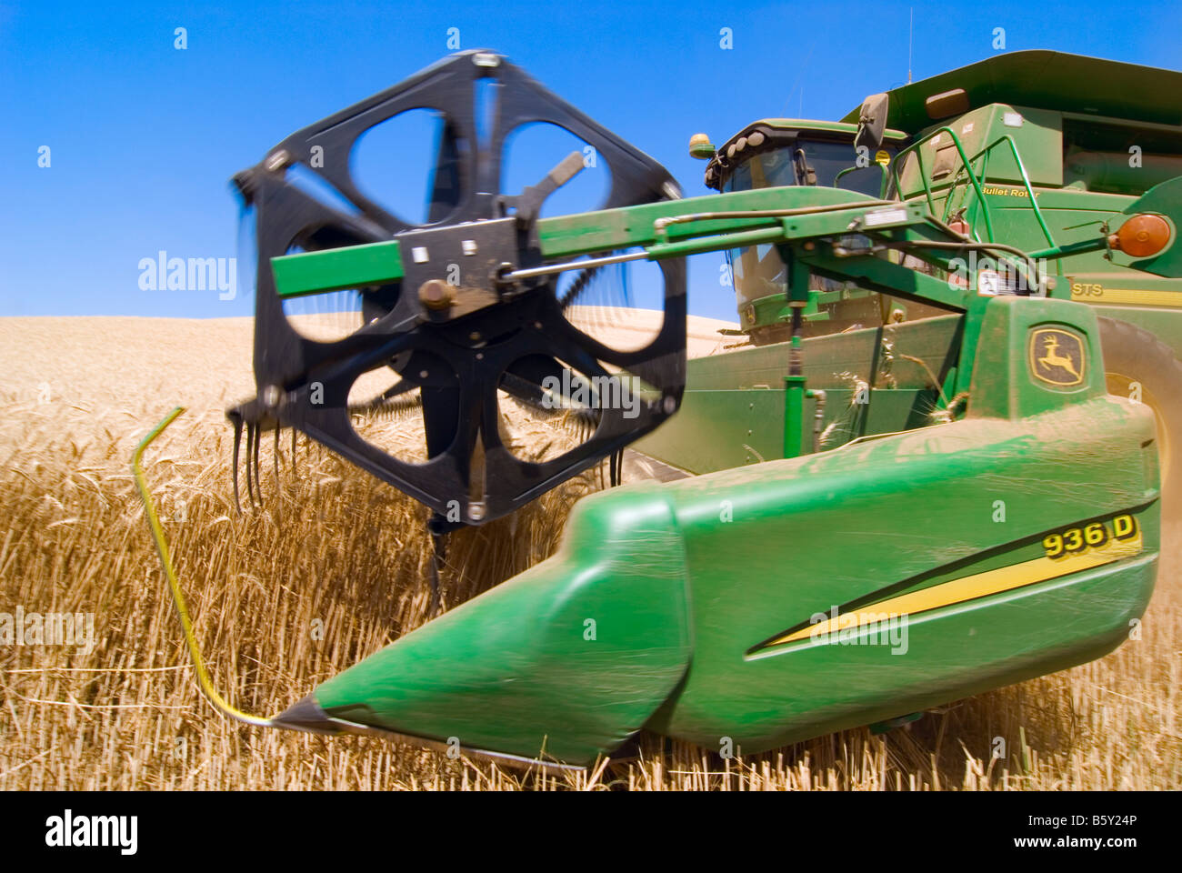 Close-up of combine header harvesting wheat in the Palouse region of ...