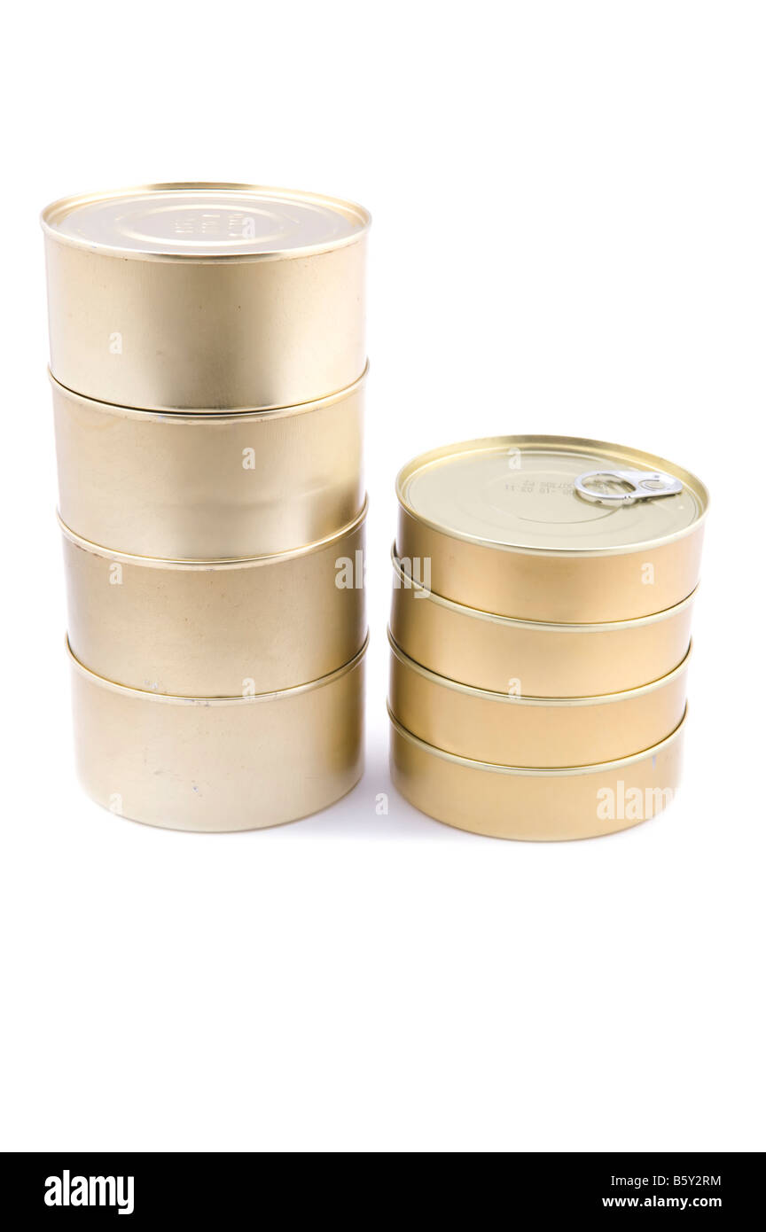 object on white Tin with canned food Stock Photo - Alamy