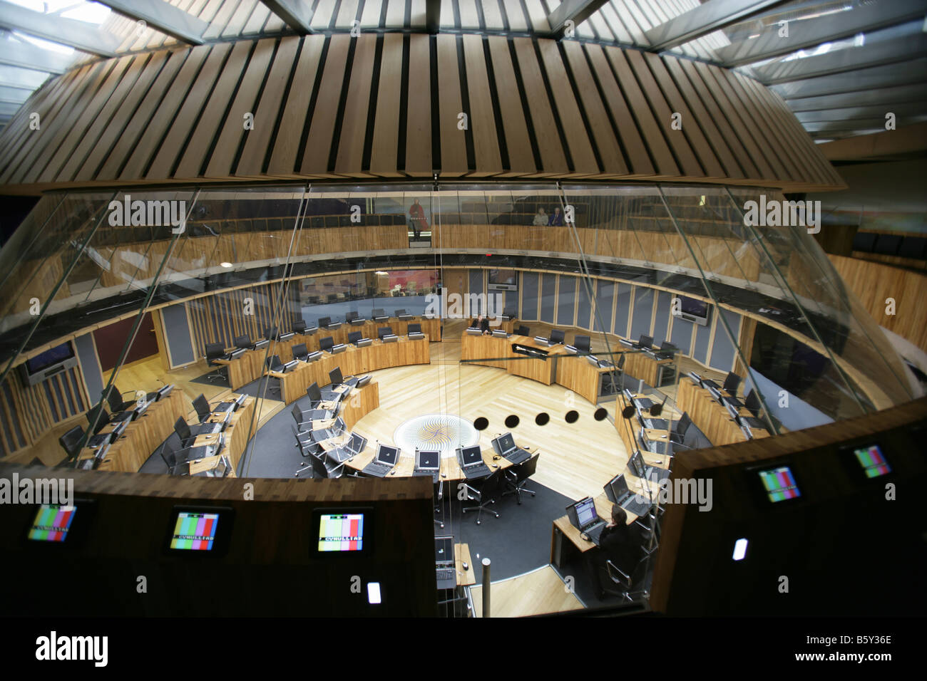 City of Cardiff, South Wales. The Siambr debating chamber within Senedd ...