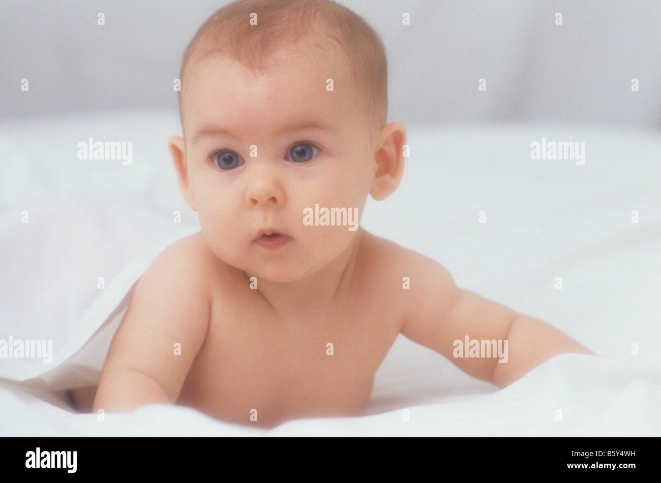 Five month old baby lying on white sheets with head up and surprised ...