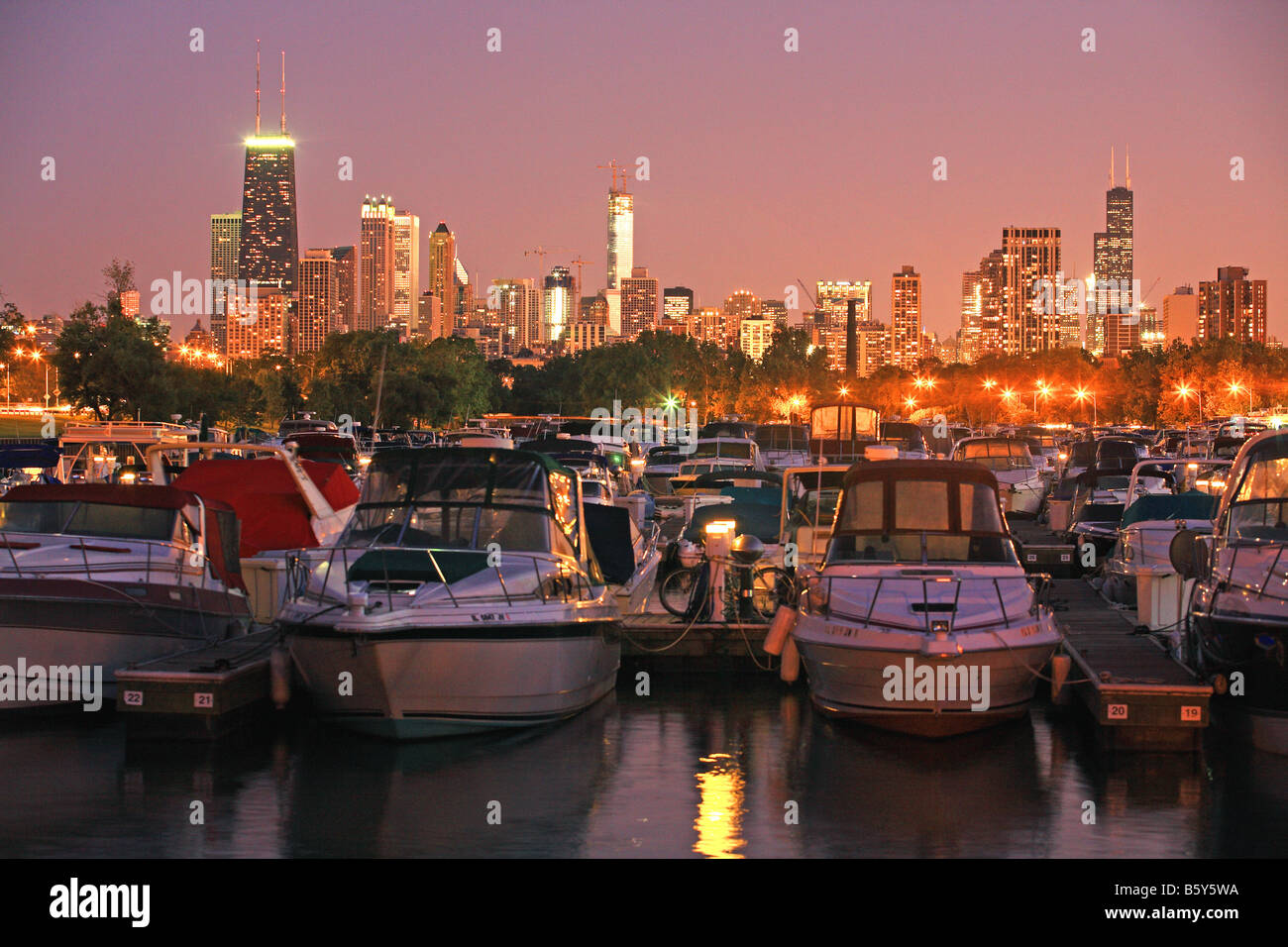 Boats docked in Chicago Illinois in the marina at Diversy Harbor with ...