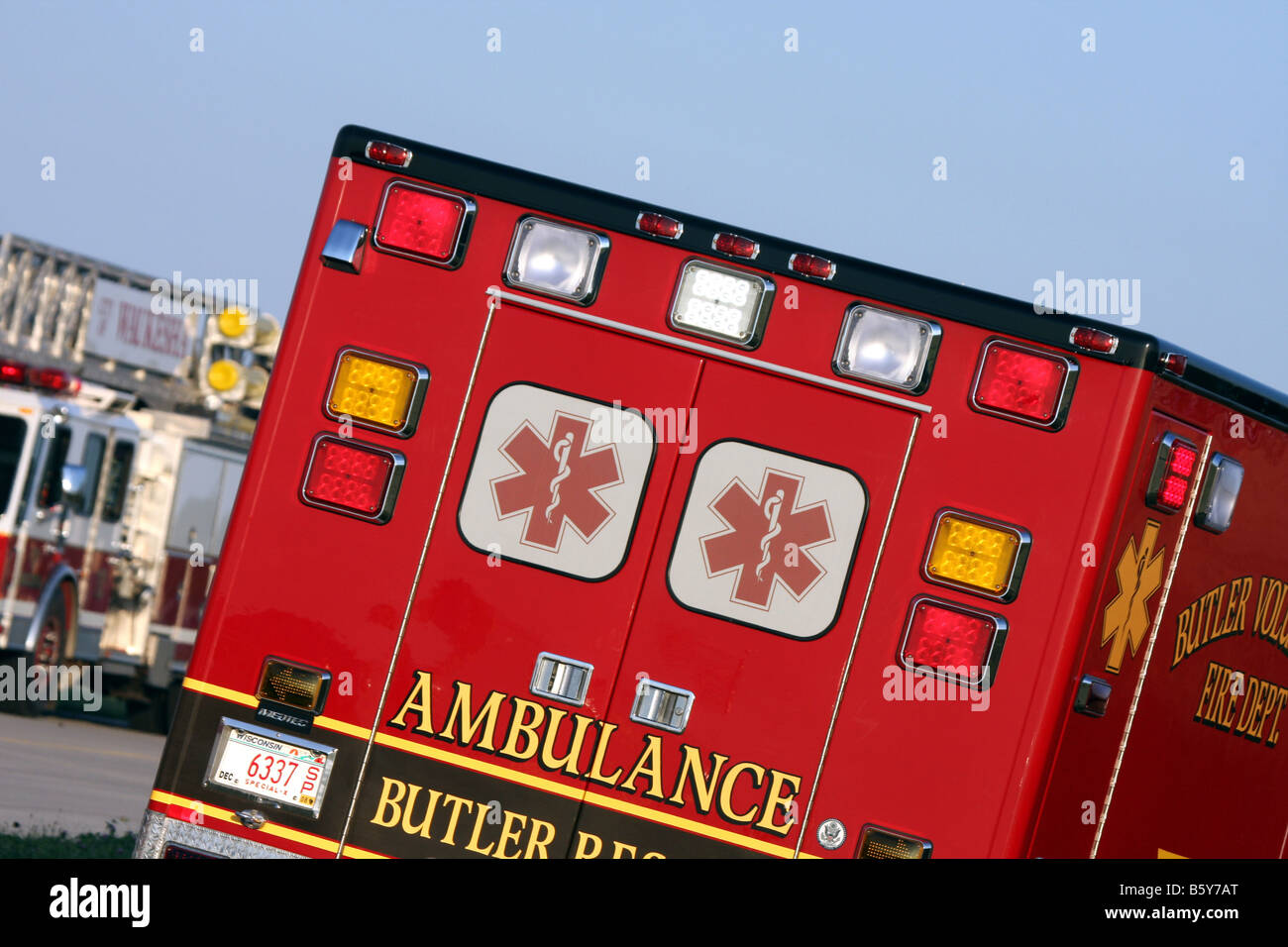 Emergency Vehicles ambulance ladder fire truck Stock Photo - Alamy