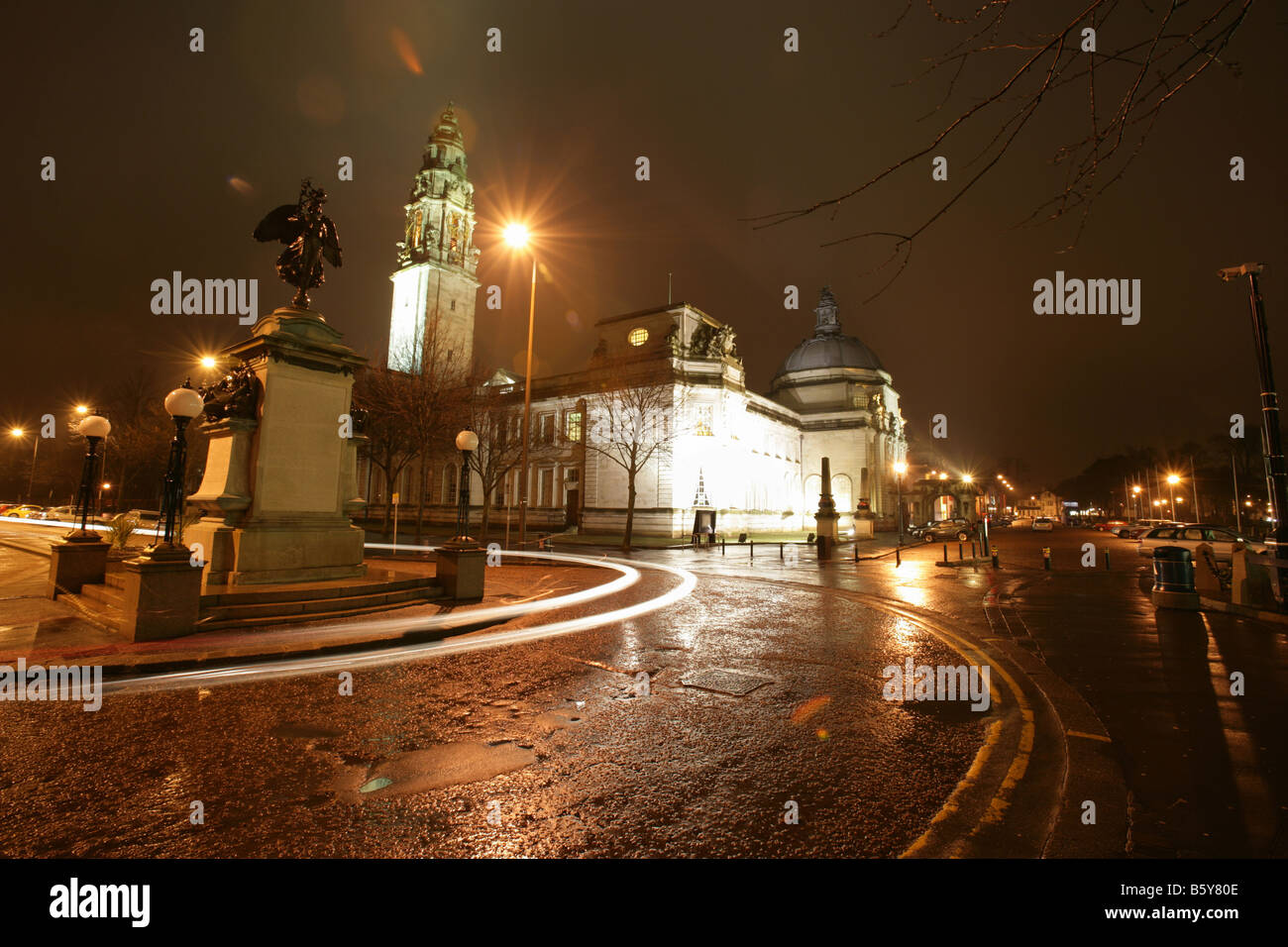 City of Cardiff, Wales. Night view of the Welsh National South African ...