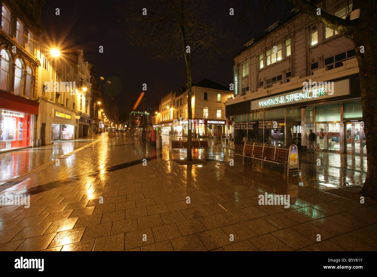 City of Cardiff, South Wales. Rainey night view of Cardiff city centre ...