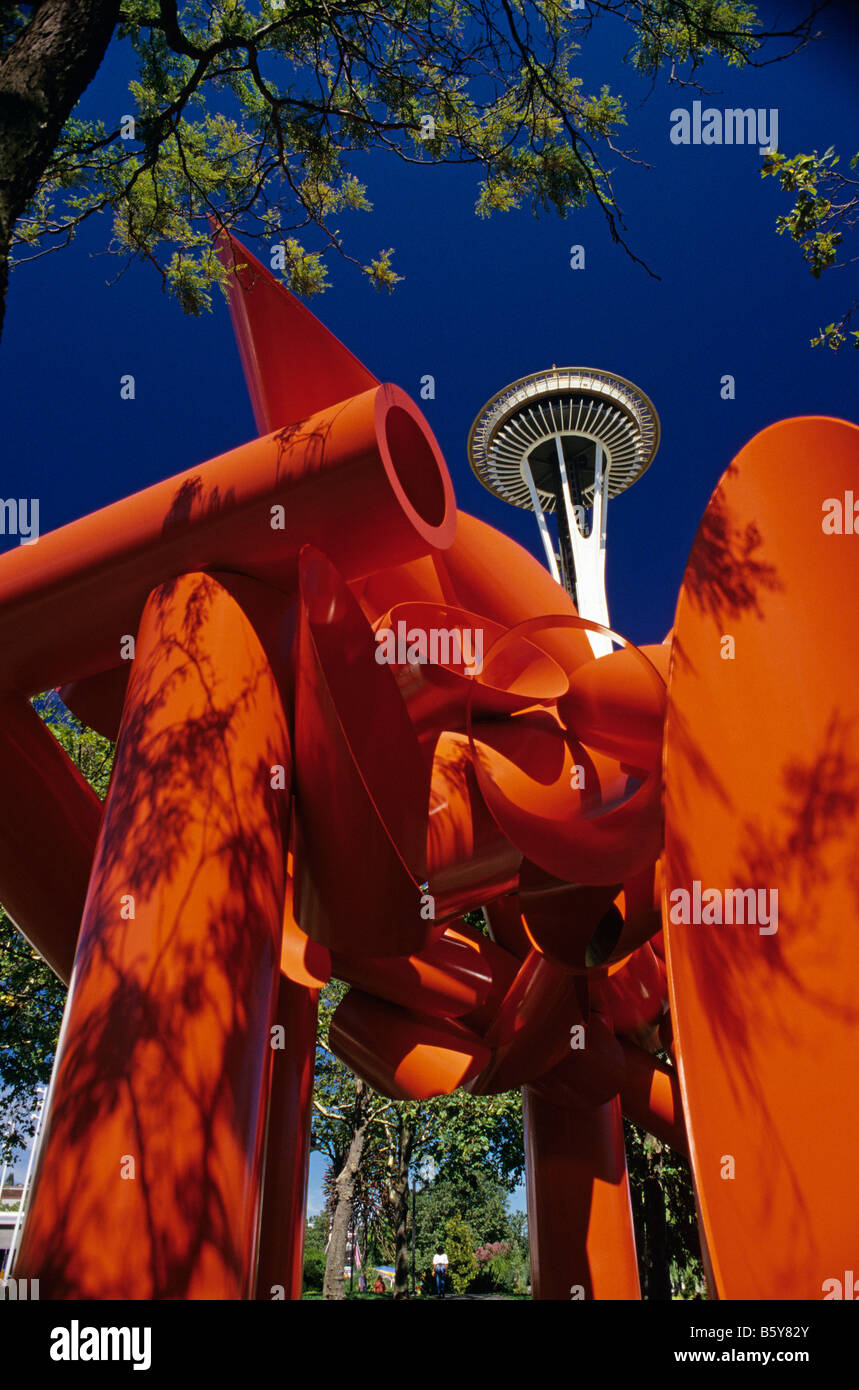 Summer day at Seattle Center with Space Needle and artistic display ...
