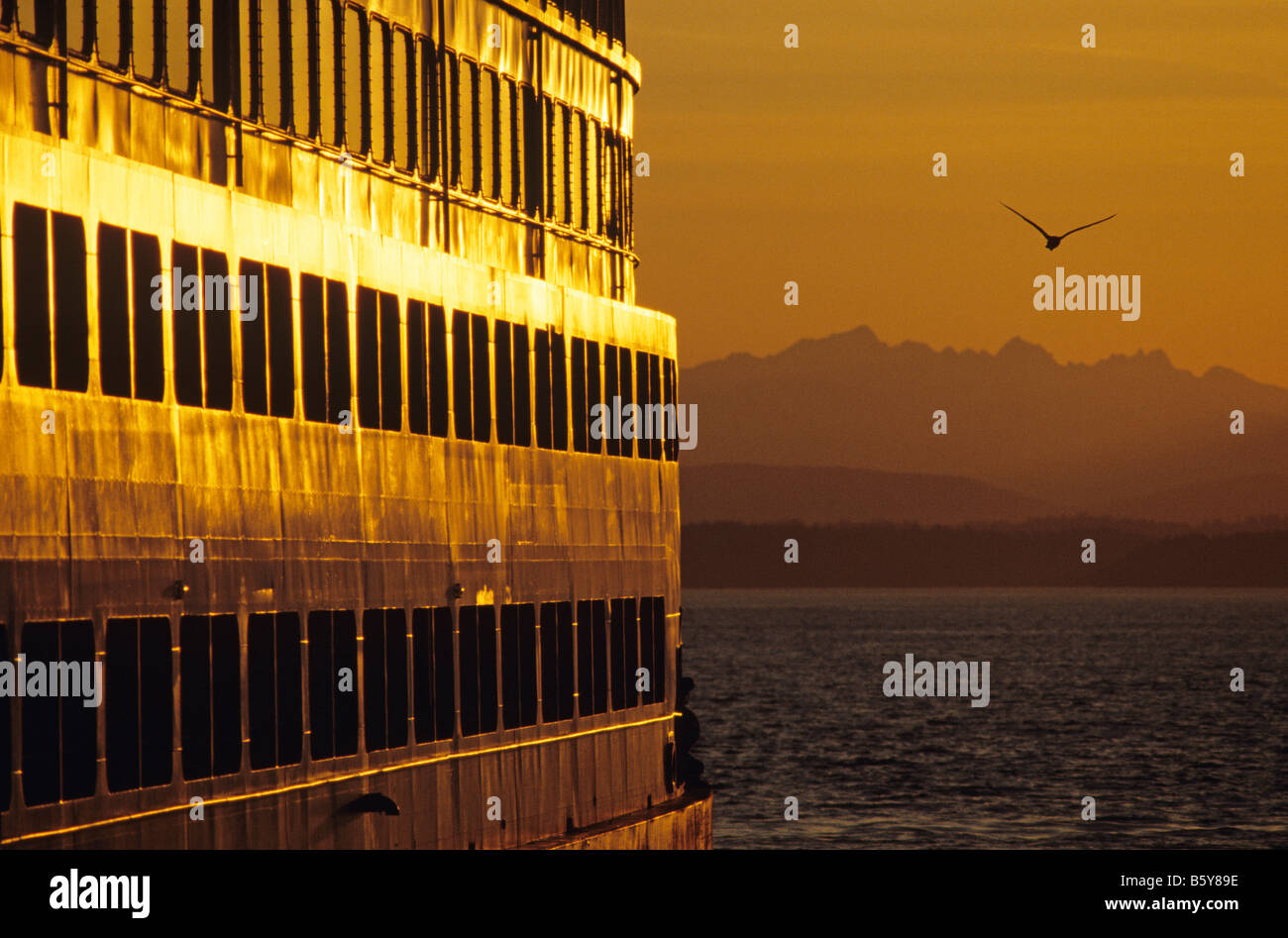 Ferry boat at sunset along waterfront with Olympic Mountains and Puget ...