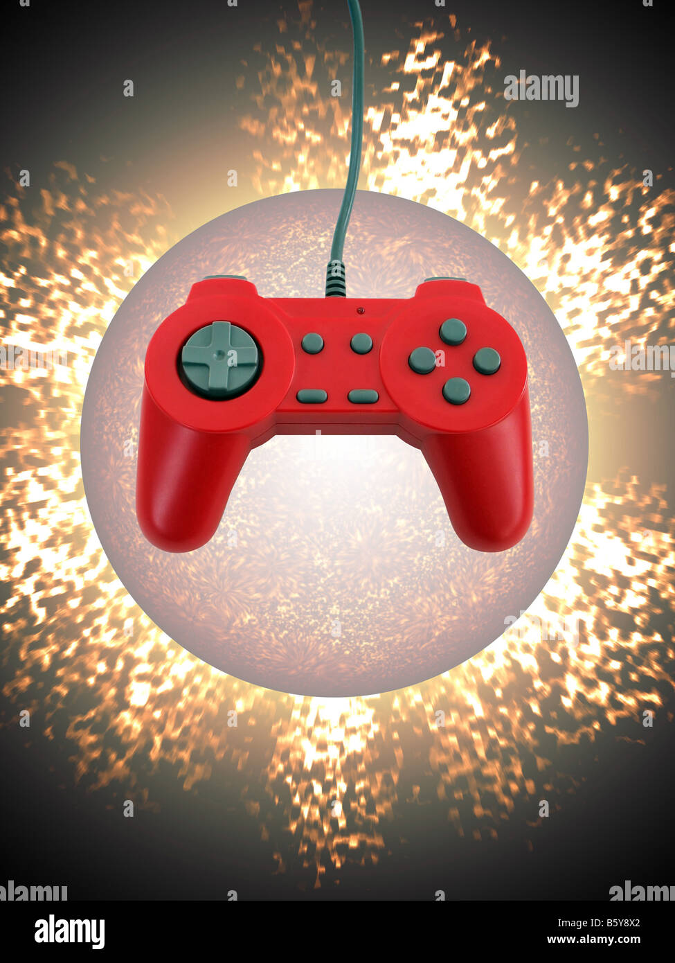 A red game controller isolated over an exploding planet background This ...