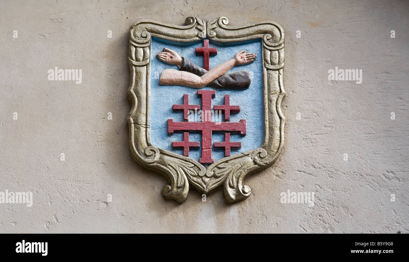 Coat of arms of protectors of pilgrims in the courtyard of St An. Old ...