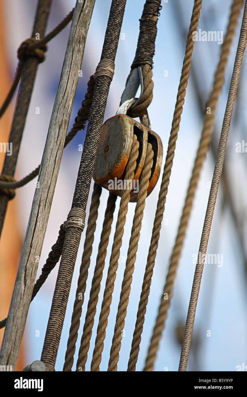 Old wooden pulley in a ship Stock Photo - Alamy