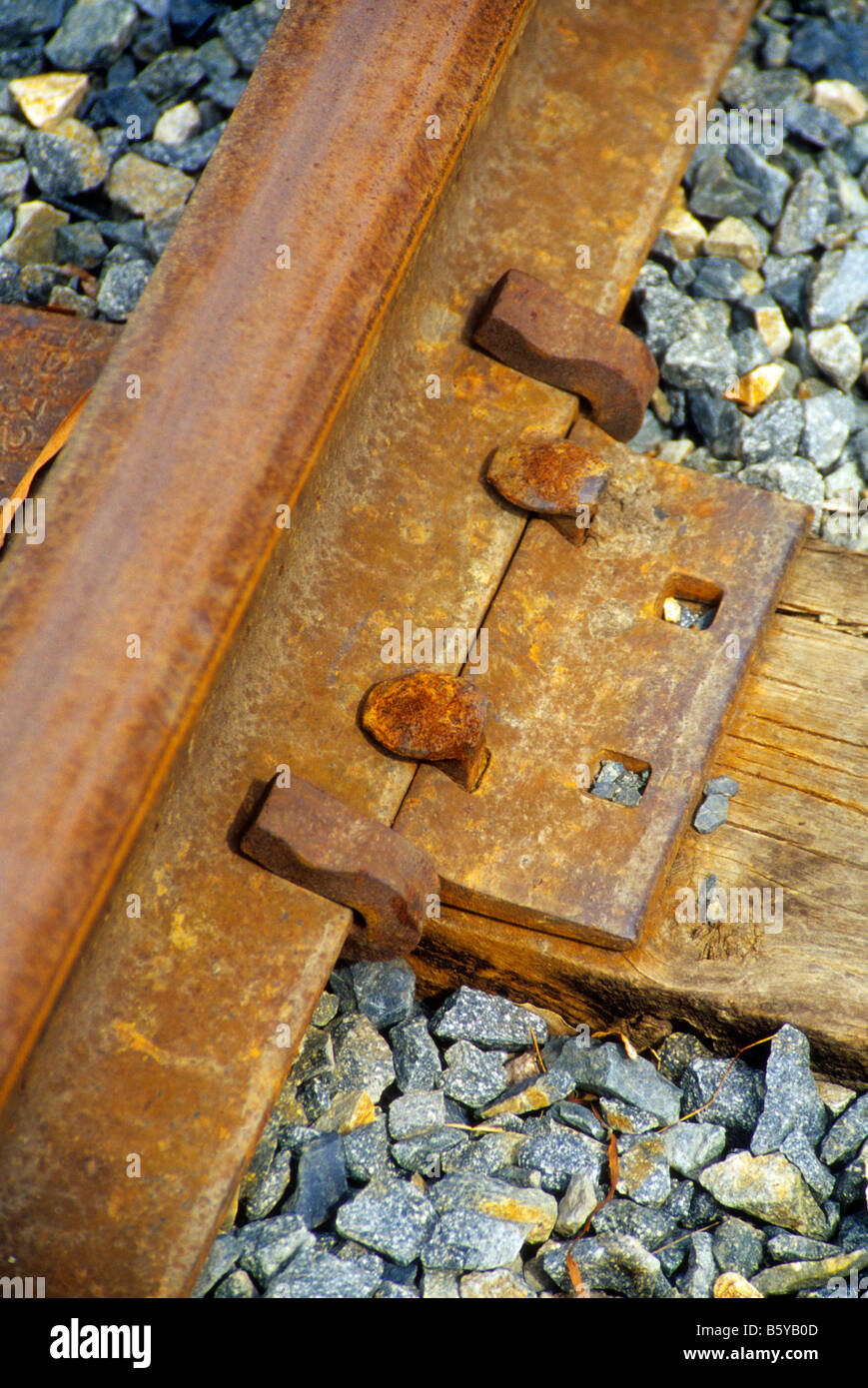 Rusty railroad track and metal hold-down device Stock Photo - Alamy