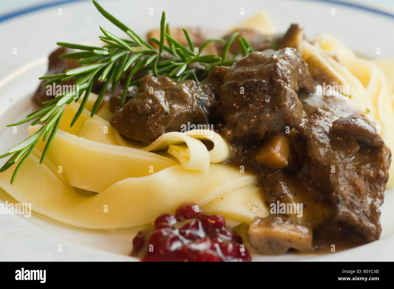 Wild boar stew with noodles and cranberries Stock Photo - Alamy