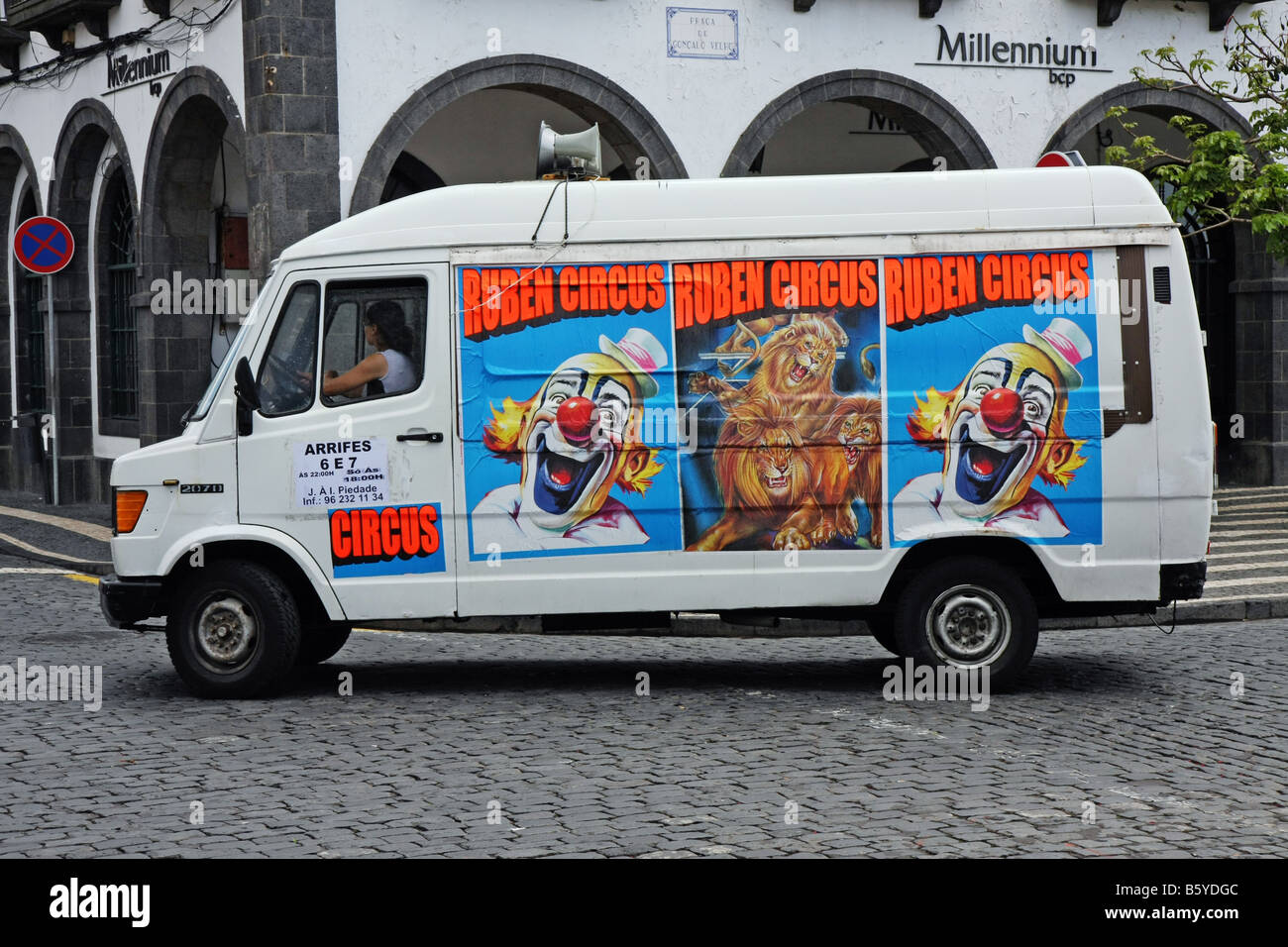 Van with loudspeakers promoting a circus in Ponta Delgada, Azores ...