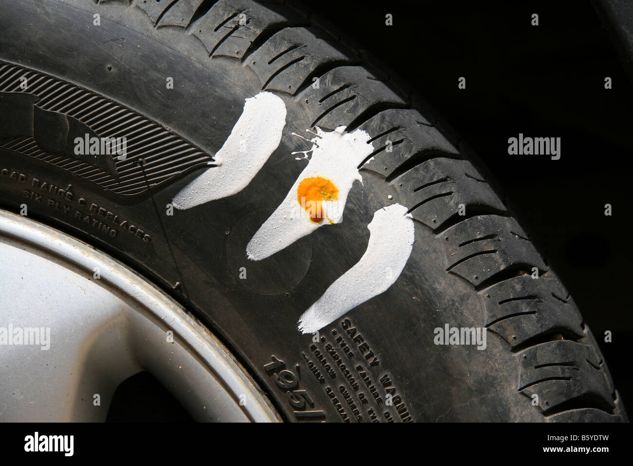 The wheel of a car is marked with the three stripes of Shiva on the ...