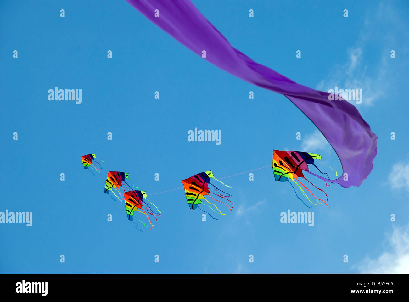 A very colourful kite with five heads and a long, purple ribbon ...