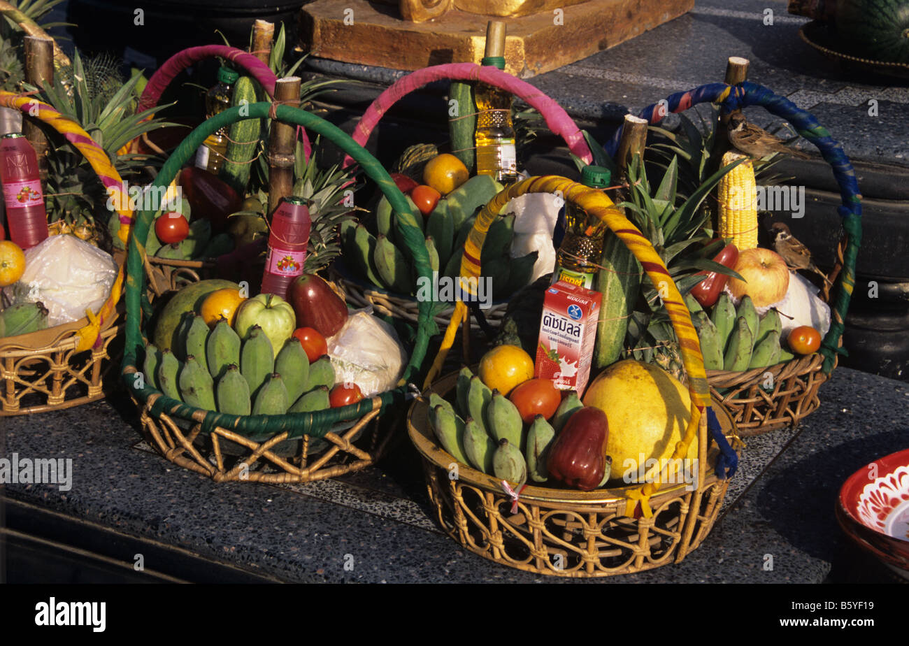 Baskets of fruit offerings at the 3-headed elephant shrine, part of the ...