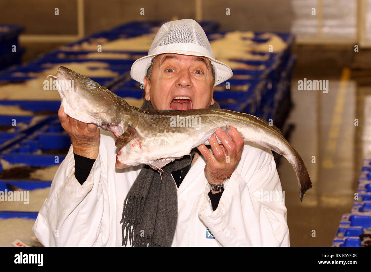 Famous French chef Raymond Blanc holding a cod at Peterhead fish market ...