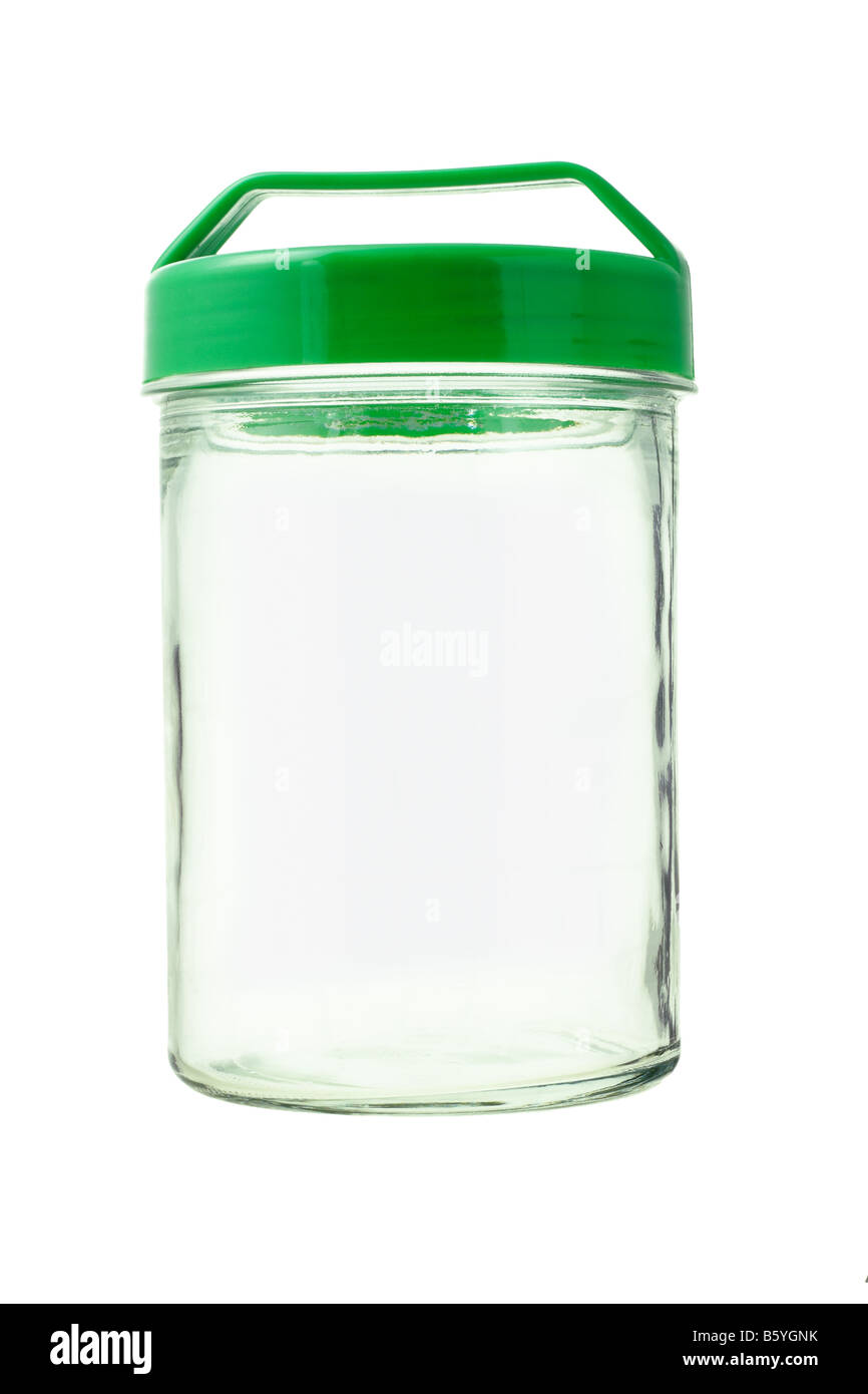 Empty glass jar with green plastic lid on white background Stock Photo ...