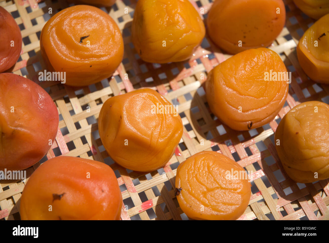 Detail of drying ume boshi Japanese pickled plums or prunus mume on a ...
