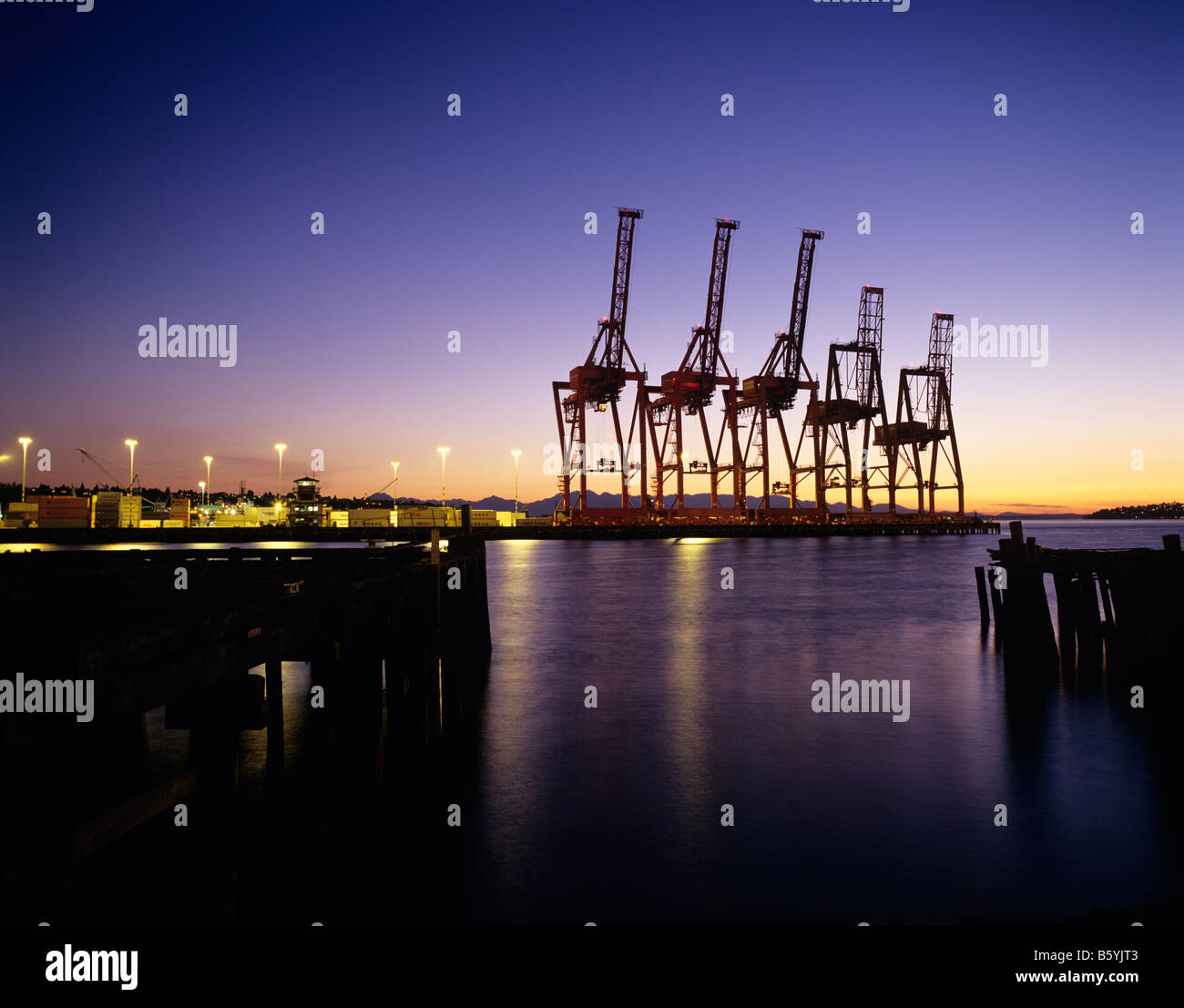 Port of Seattle at sunset with large cranes in a row Seattle waterfront ...