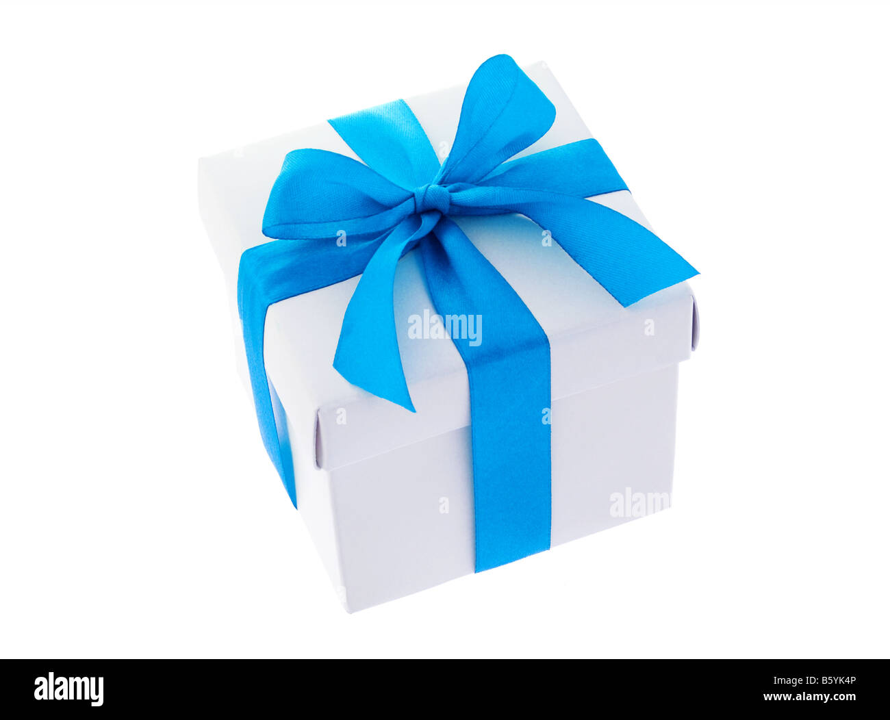 White gift box with cyan color bow ribbon on white background Stock ...