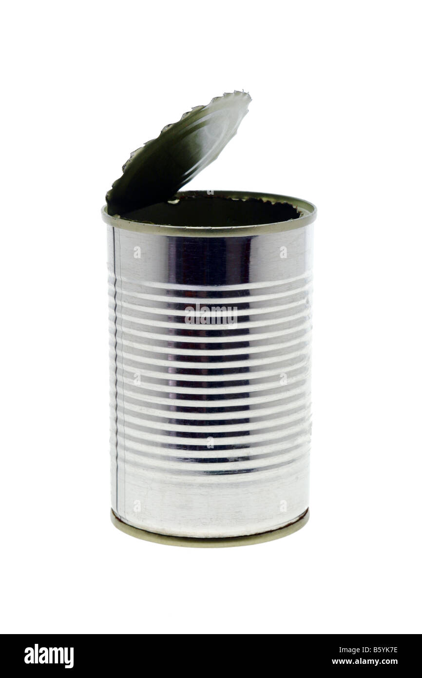 Empty tin can on white background Stock Photo - Alamy
